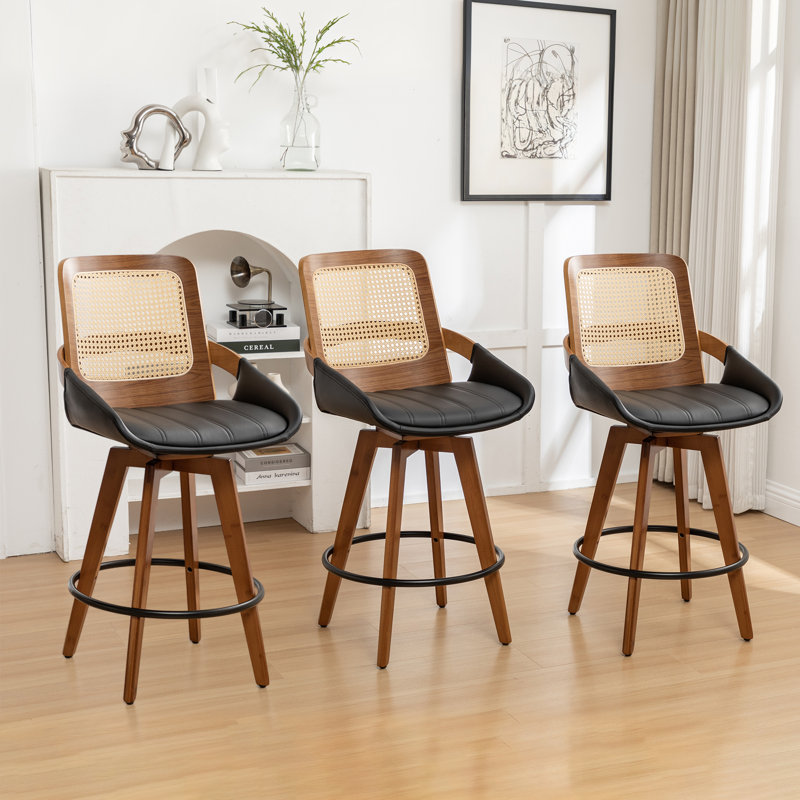 Bayou Breeze Darries Swivel 26" Counter Height Bar Stools With Cane Rattan Back (Set of 3 ...